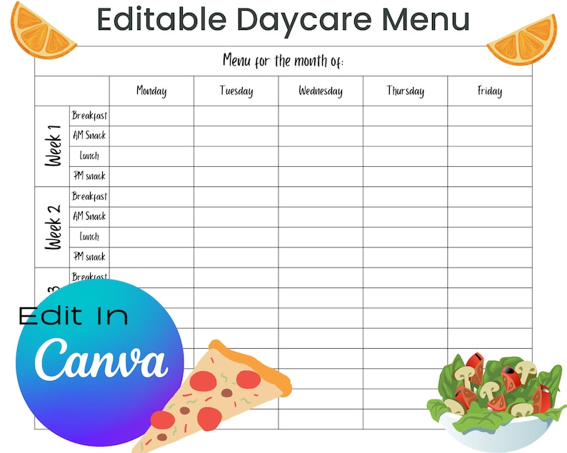Daycare Menu Editable Monthly and Weekly Daycare Menu - Etsy