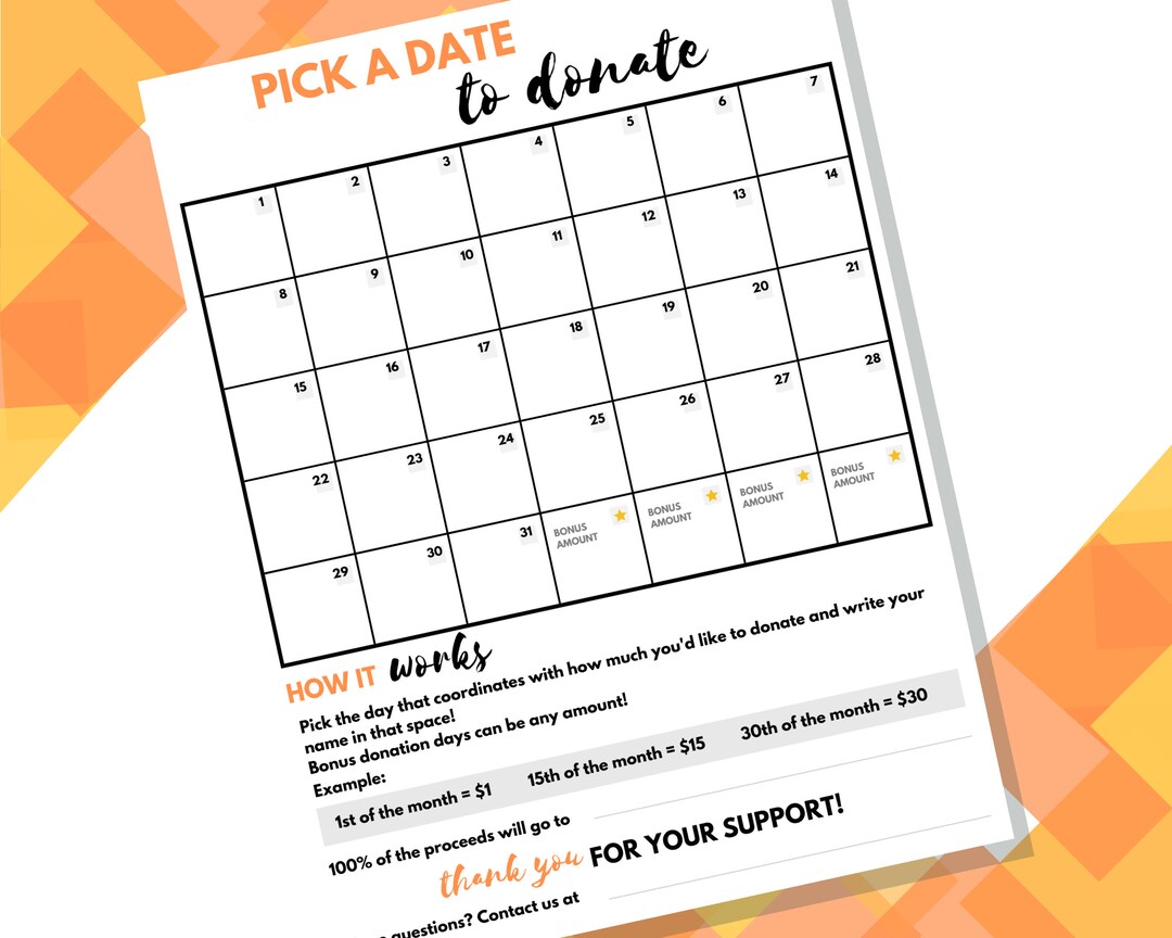 Pick A Date to Donate Fundraiser Calendar Pay the Date Fundraiser Pick ...