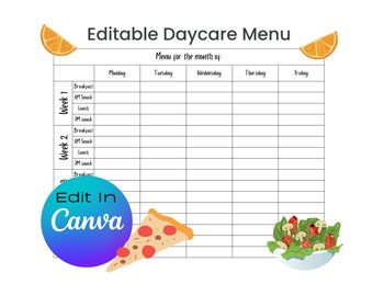 Home Daycare Monthly Menu Editable Daycare Meal Planner Preschool Menu ...