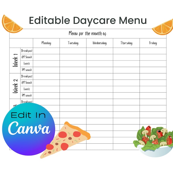 Daycare Menu Template - Etsy