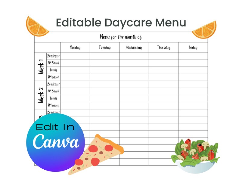 Daycare Menu Editable Monthly and Weekly Daycare Menu Printable ...