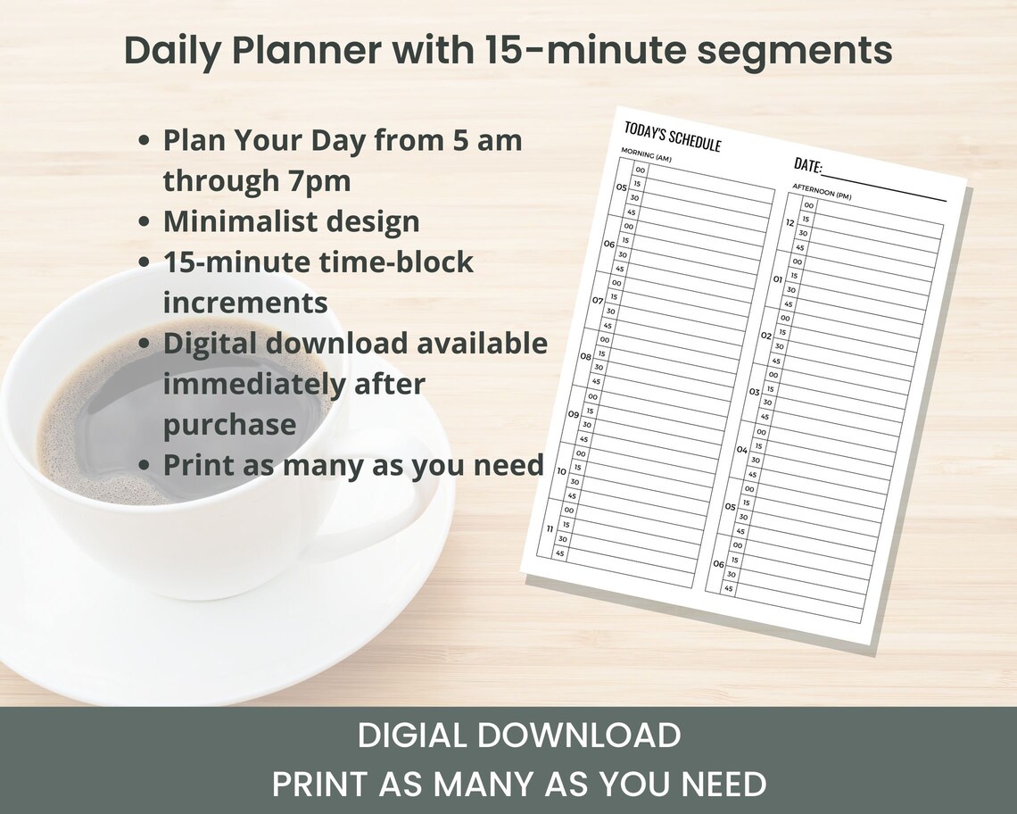 Printable Daily Appointment Planner With 15-minute Time Block Segments ...