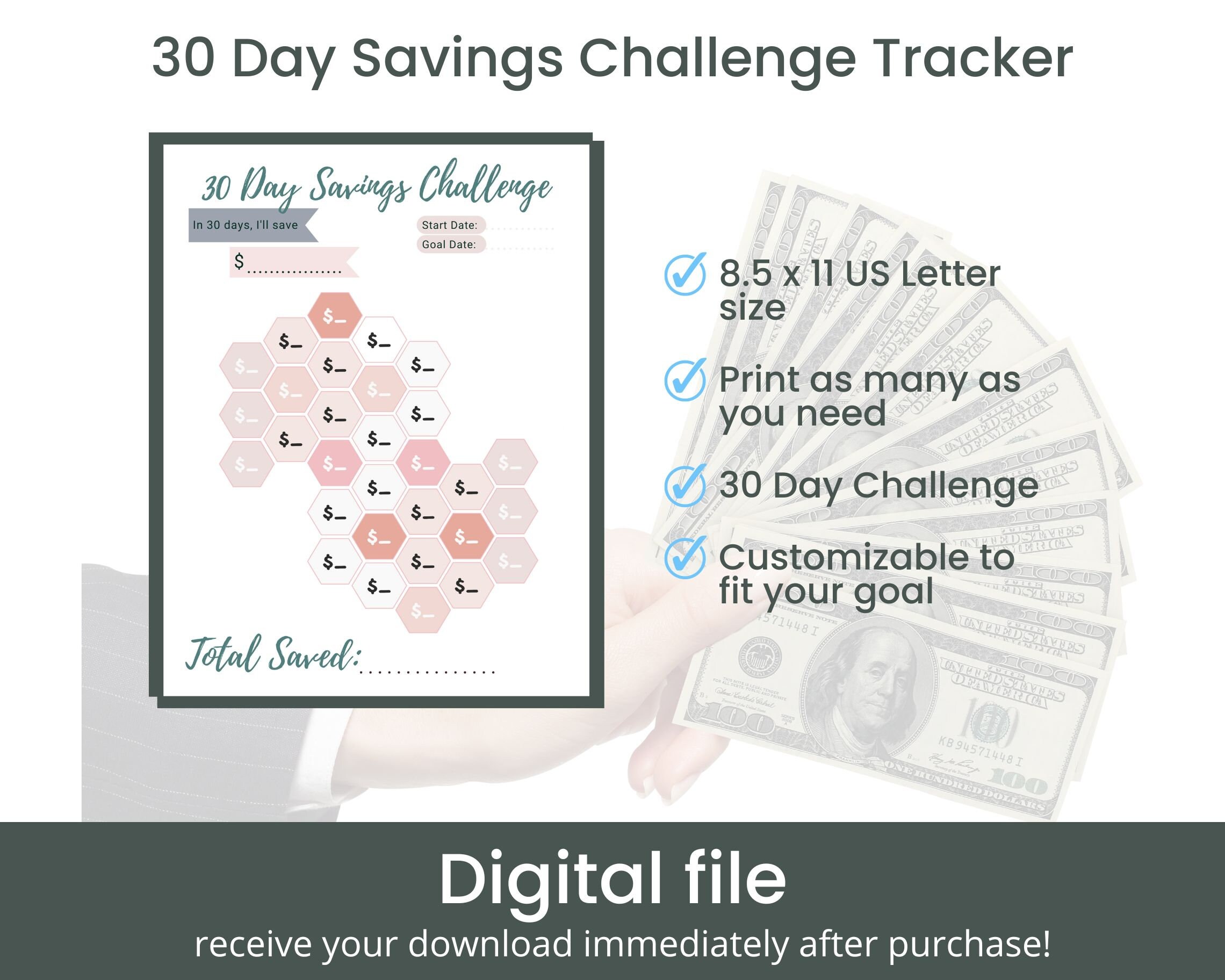 30 Day Savings Challenge Printable Savings Challenge Monthly Savings ...