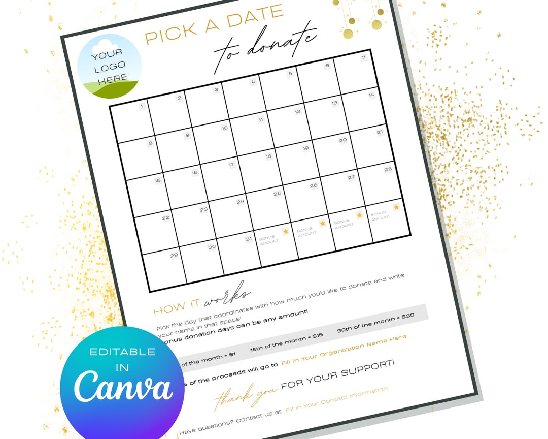 Editable Pick A Date to Donate Fundraiser Calendar Pay the Date ...