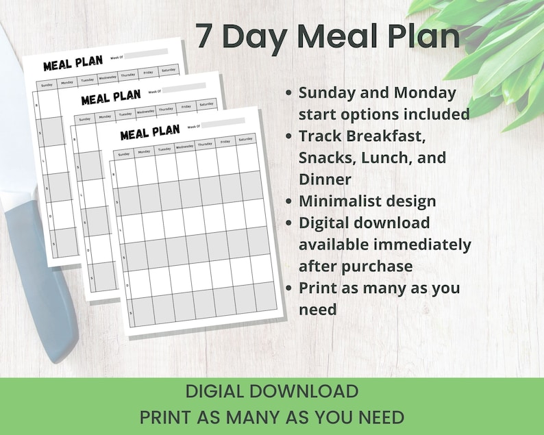 7 Day Printable Meal Plan Includes Sections for Breakfast, Lunch ...