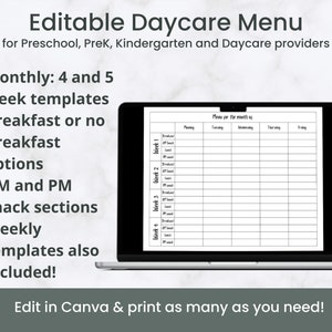 Daycare Menu Editable Monthly and Weekly Daycare Menu Printable ...