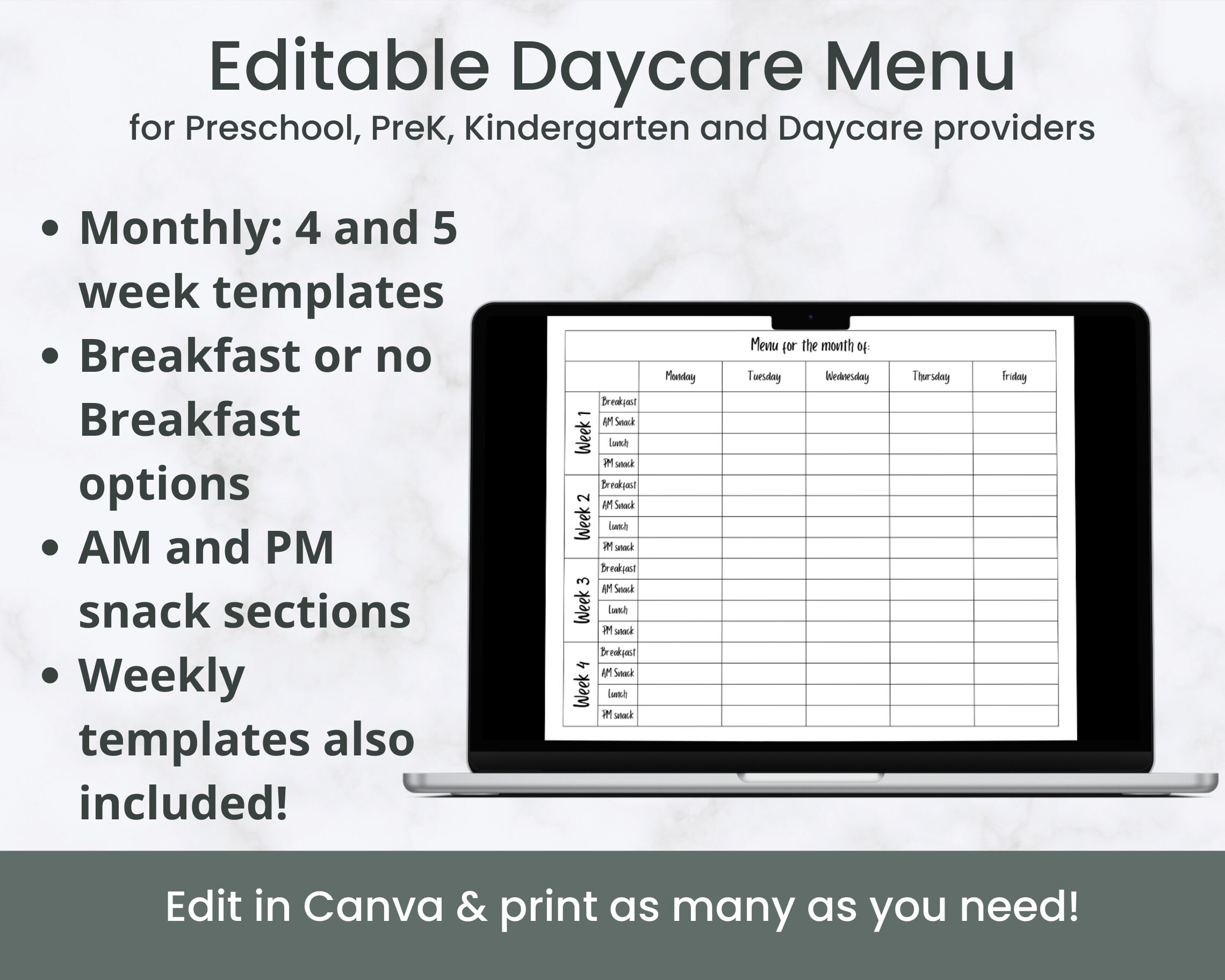 Daycare Menu Editable Monthly and Weekly Daycare Menu Printable ...