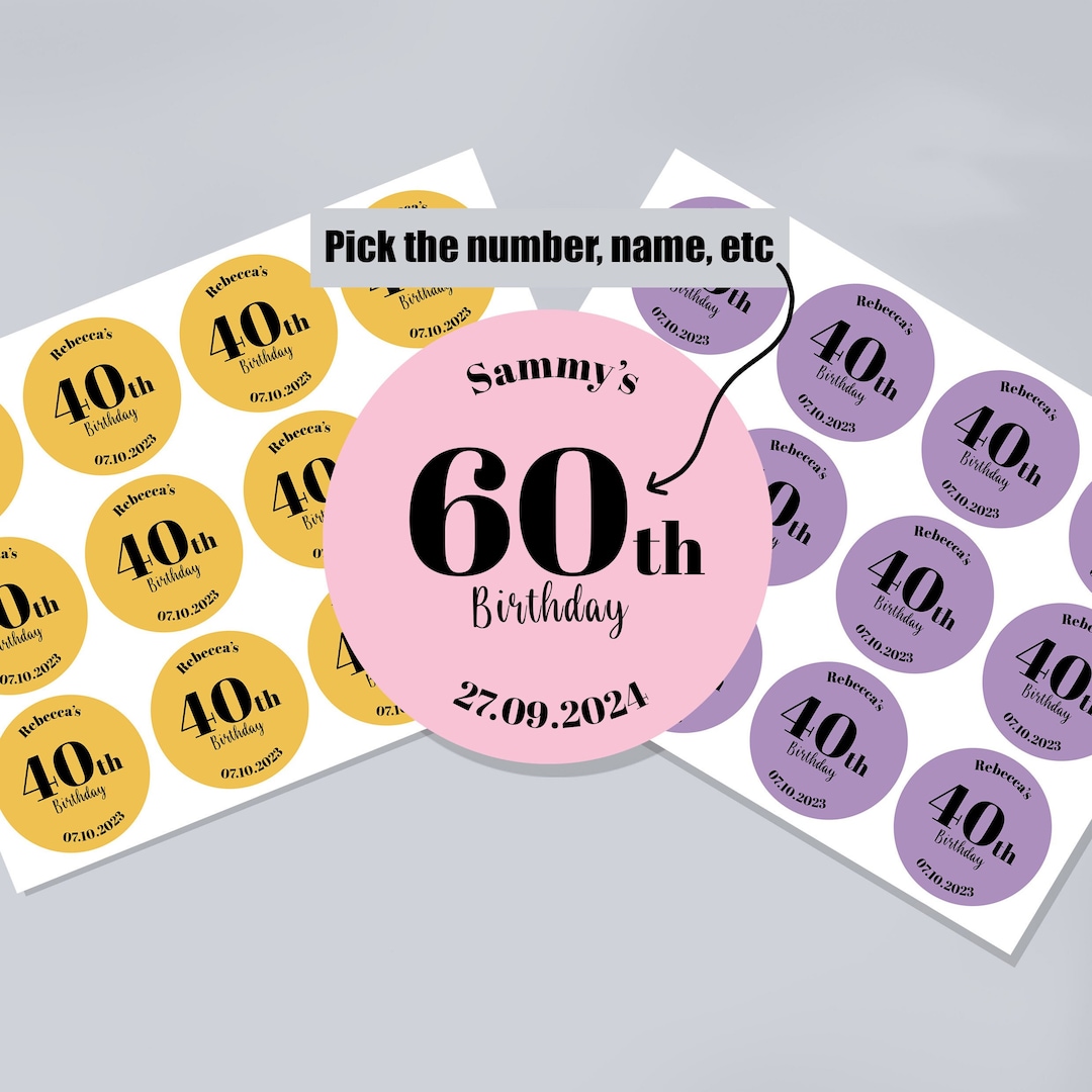 60th Personalised Birthday Stickers, Custom, Customise the Date, 30th ...