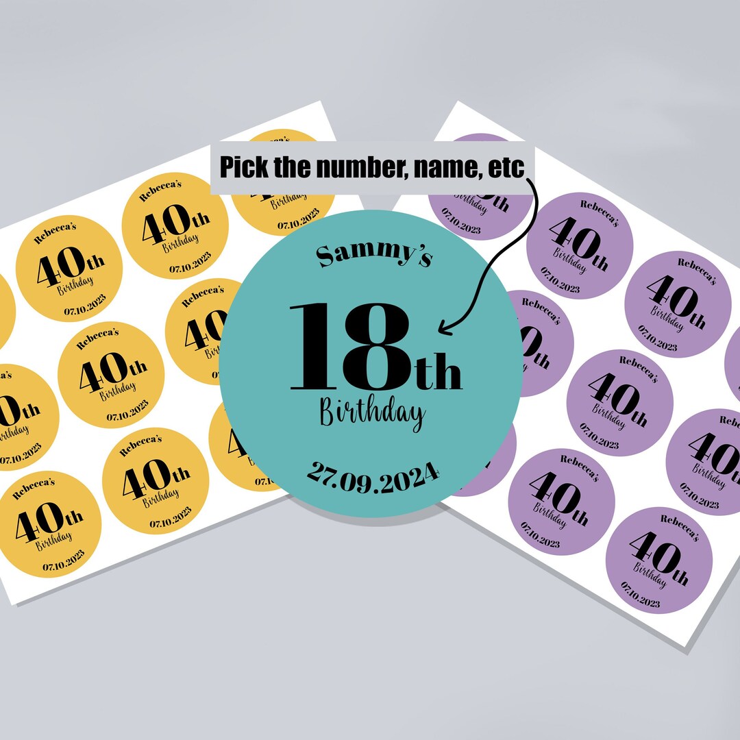 Personalised Birthday Party Stickers: Custom Date, Colour Option - Etsy