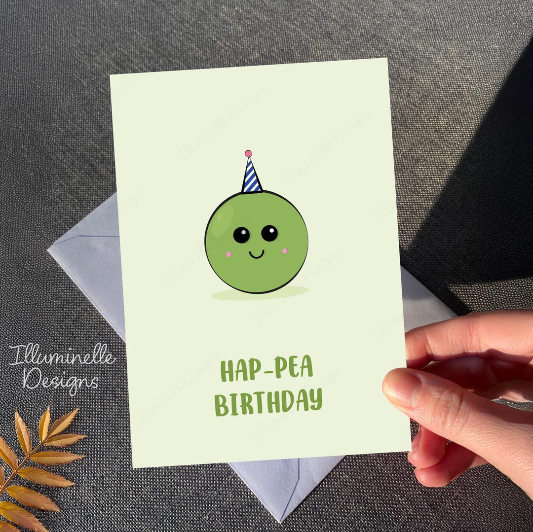Hap-pea Birthday Card – Cute Punny Greeting With Pea in Party Hat ...