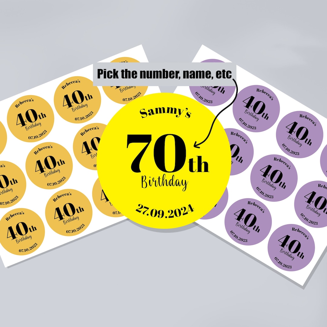 70th Personalised Birthday Stickers, Custom, Customise the Date, 30th ...