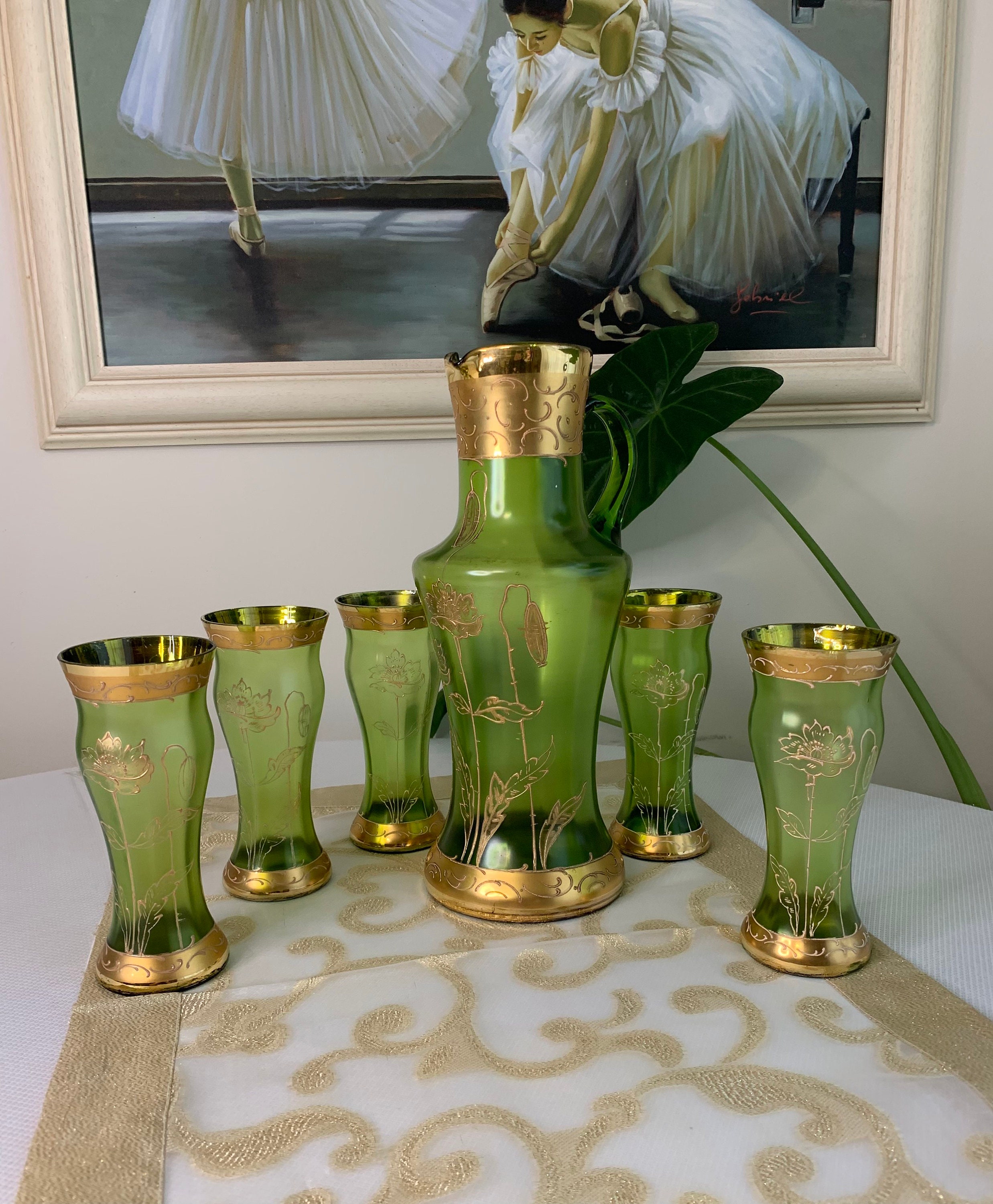 Vintage Art Deco Antique Lemonade Set Glass Carafe Green Glass 1920's ...