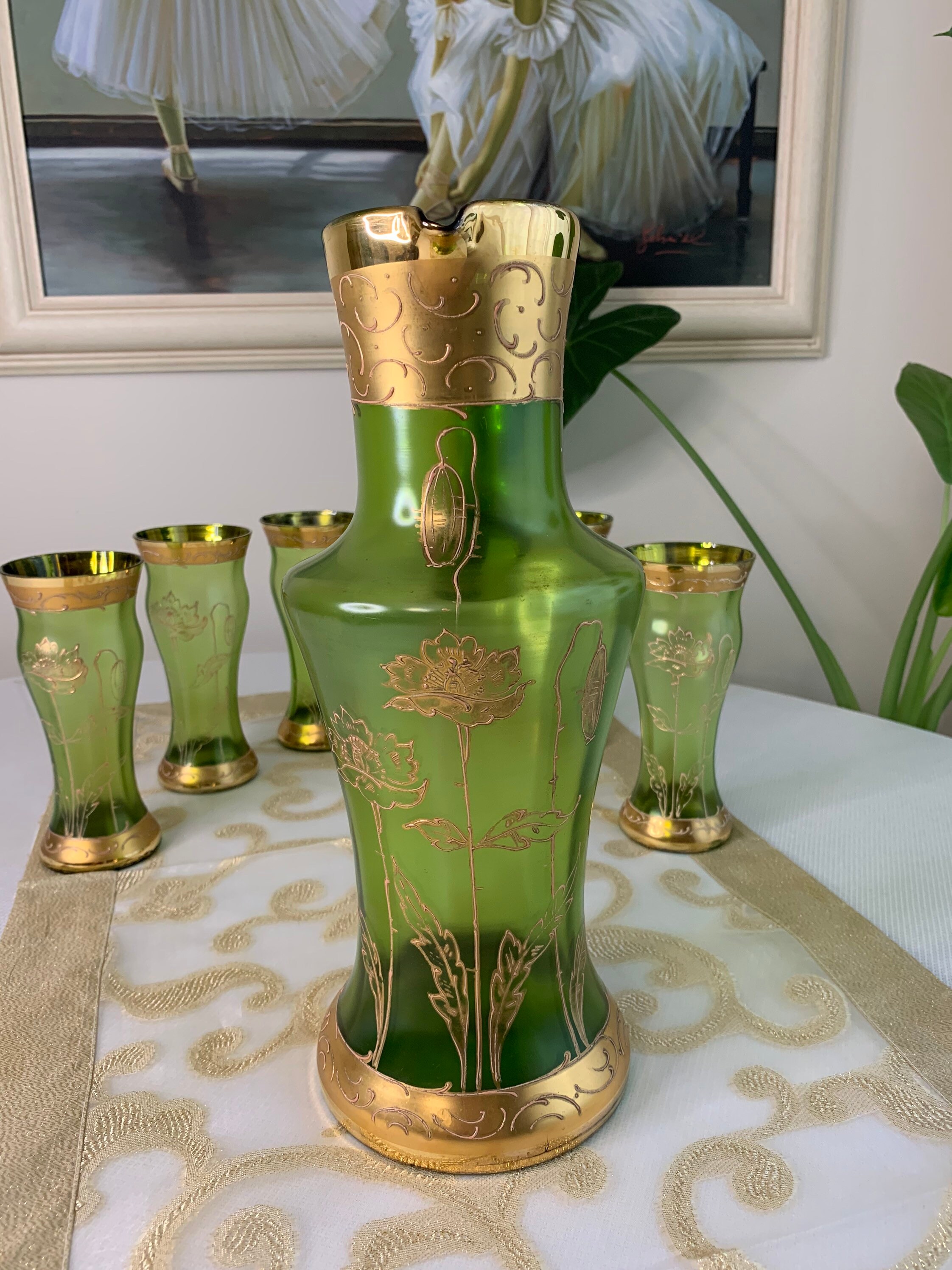 Vintage Art Deco Antique Lemonade Set Glass Carafe Green Glass 1920's ...