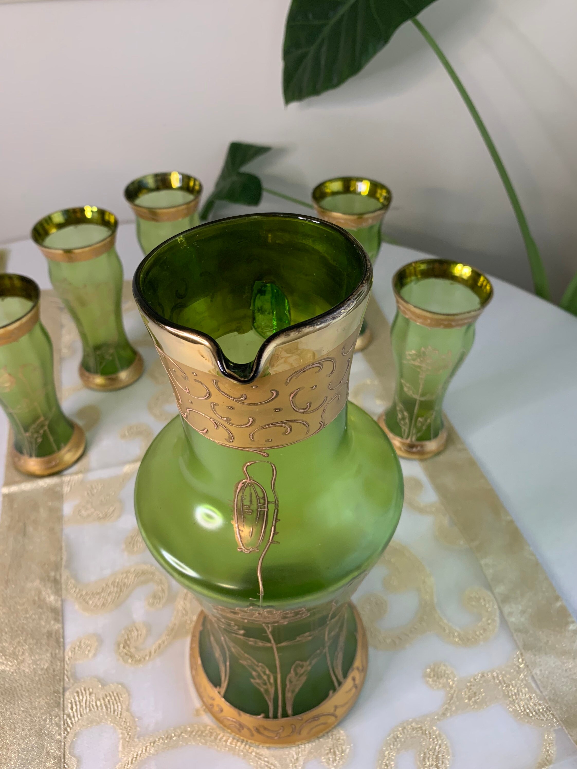 Vintage Art Deco Antique Lemonade Set Glass Carafe Green Glass 1920's ...