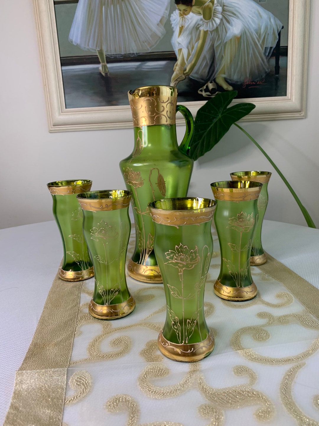 Vintage Art Deco Antique Lemonade Set Glass Carafe Green Glass 1920 ...
