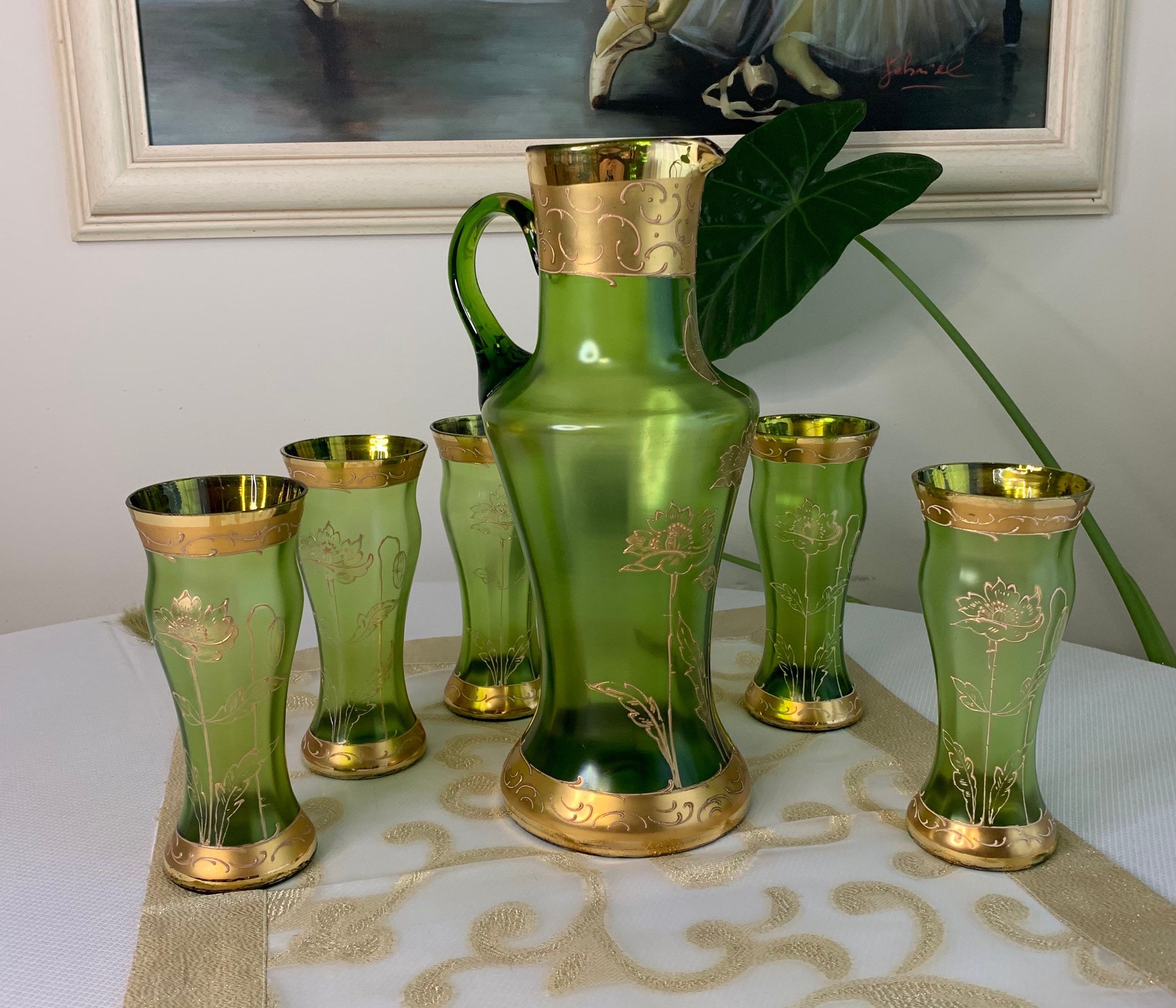 Vintage Art Deco Antique Lemonade Set Glass Carafe Green Glass 1920's ...