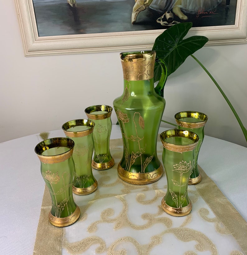 Vintage Art Deco Antique Lemonade Set Glass Carafe Green Glass - Etsy