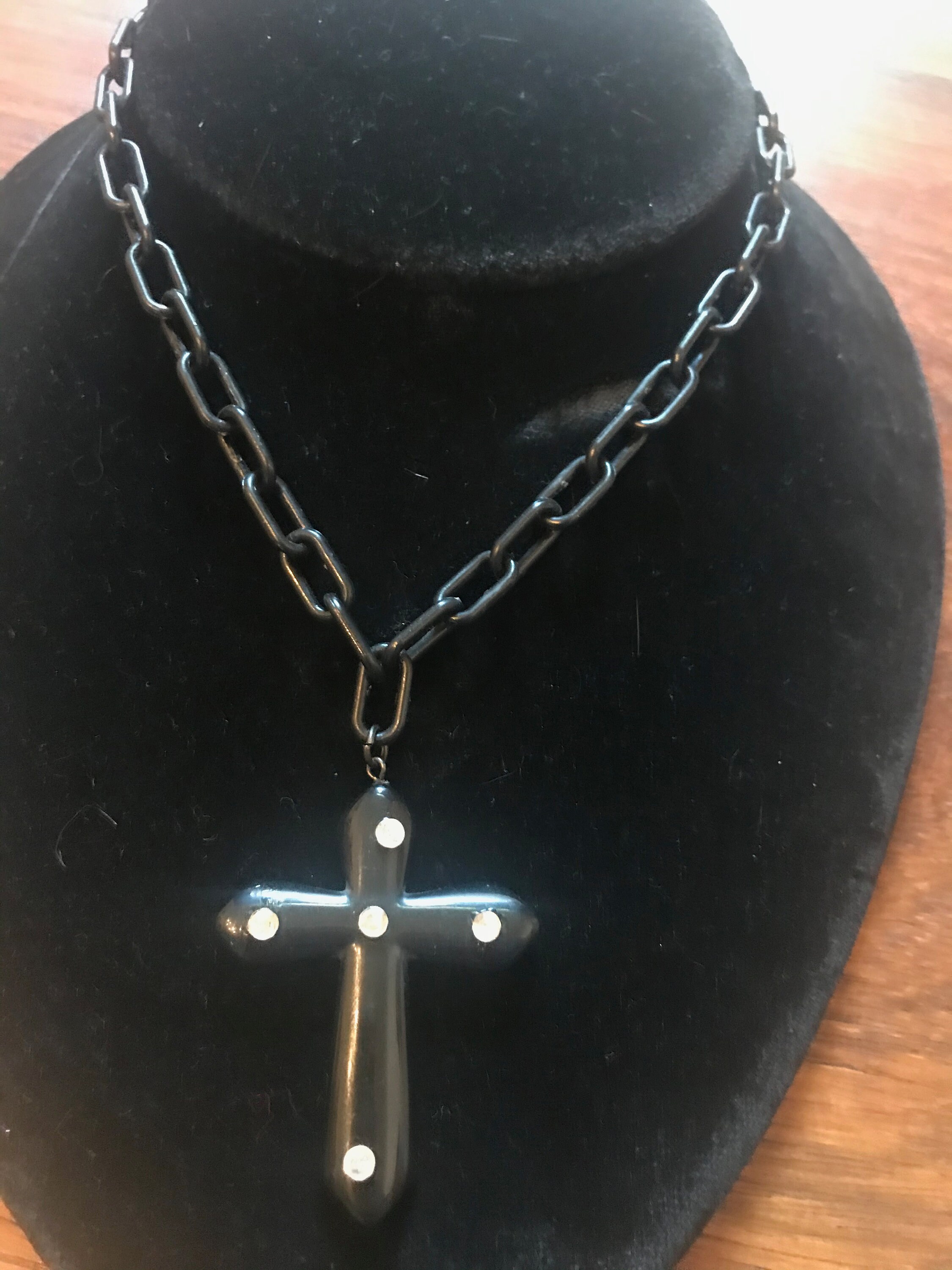 Black Bakelite Cross With Rhinestones Accents on a Celluloid Chain. - Etsy