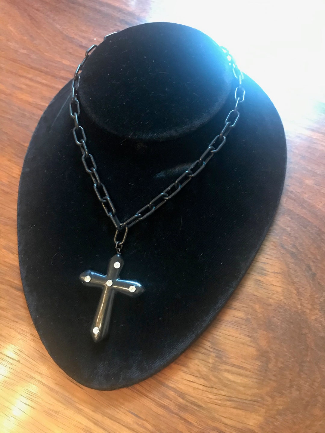 Black Bakelite Cross With Rhinestones Accents on a Celluloid Chain. - Etsy