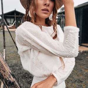 Wedding Sweater, Bridal Pullover, Boho Bride, Wool Cardigan With Pearls ...