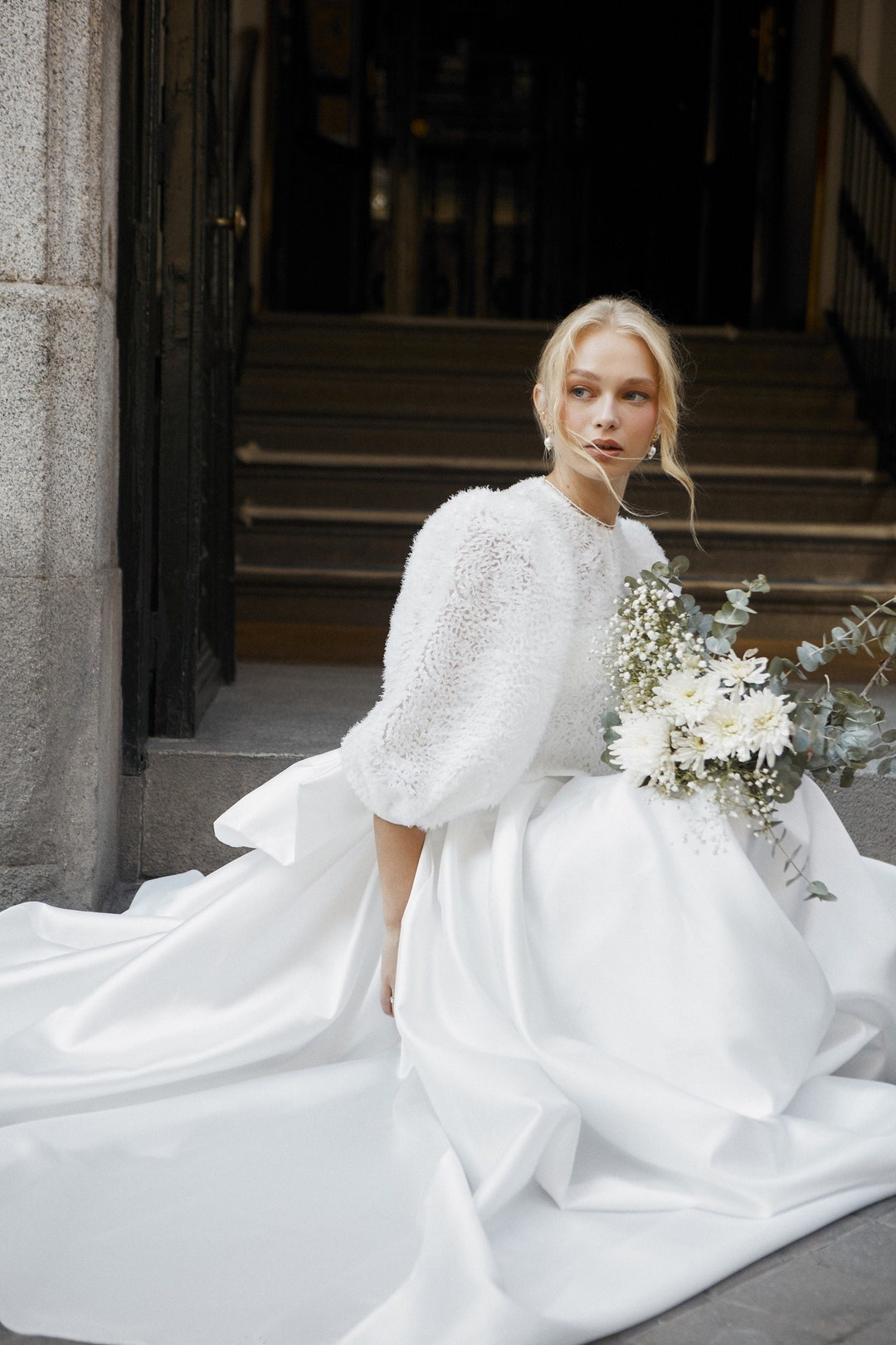 Romantic Pleated Ruffle Layered Oversized Bridal Cape With Tulle Puff ...