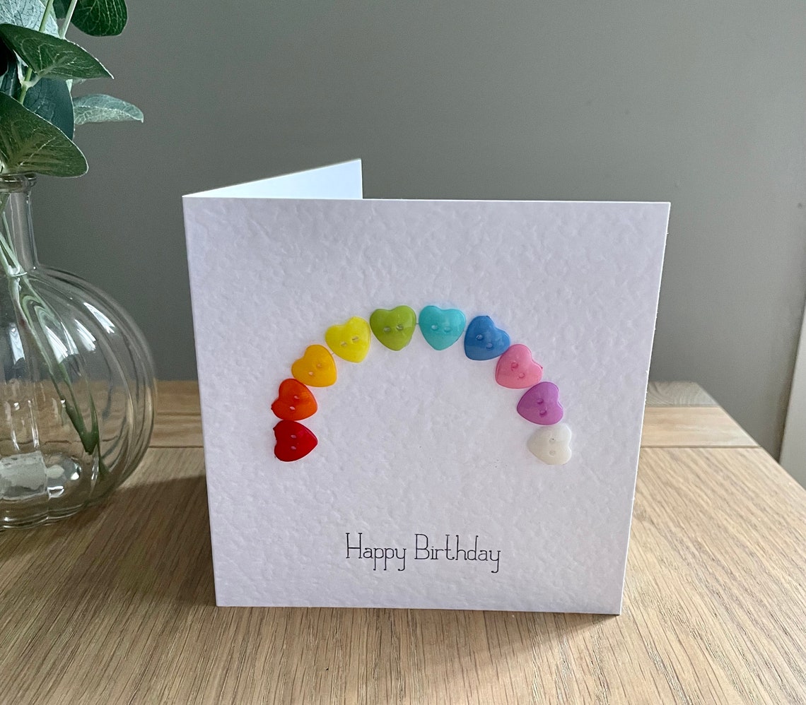 Handmade Rainbow Happy Birthday Button Art Card, Made to Order - Etsy