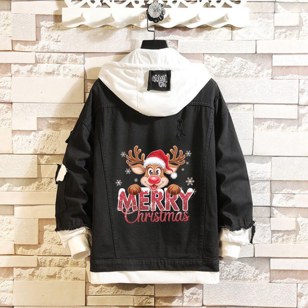 Christmas Reindeer Denim Jacket: Personalized Hooded Jacket - Etsy