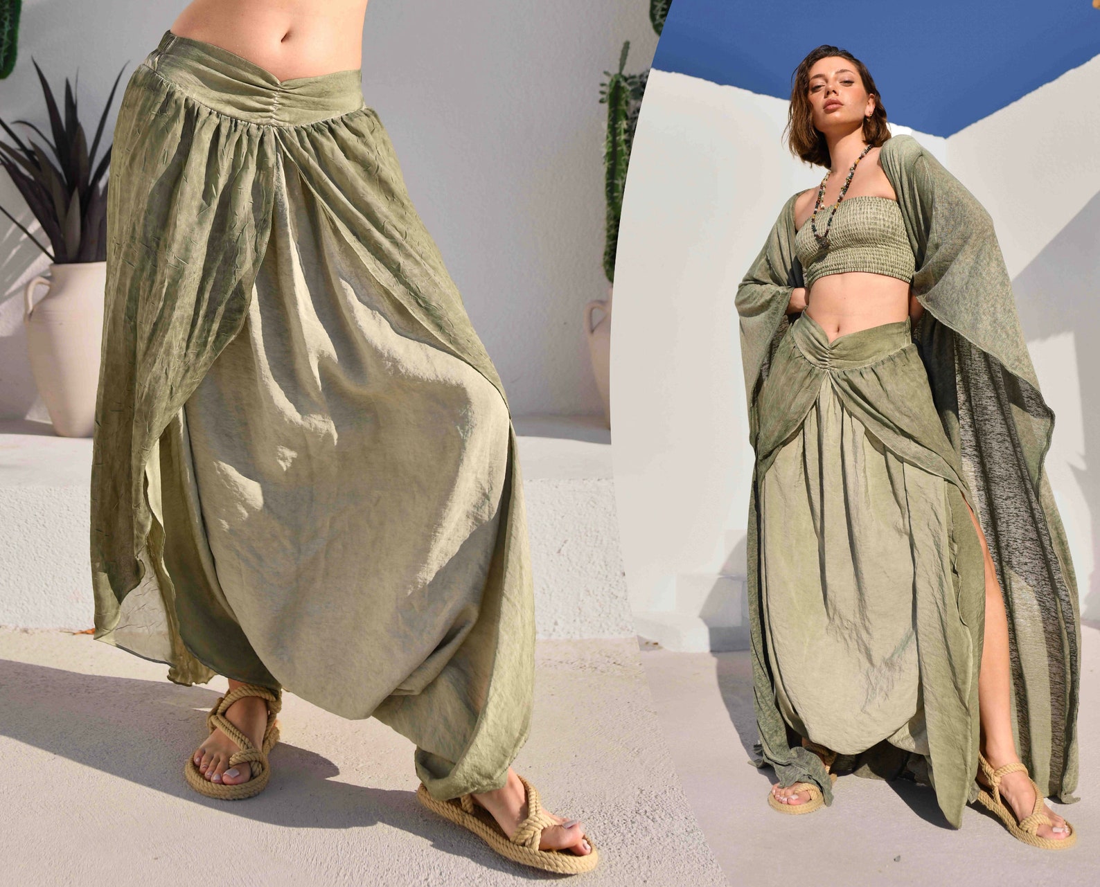 Elegant Khaki Green Skirt Trousers • Beach Shalwar Pants • Women Harem ...