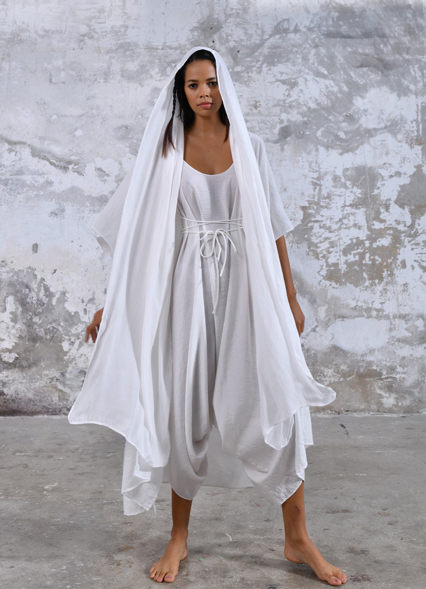 Two Piece Set White Boho Jumper Goddess Dress Shawl Kimono White