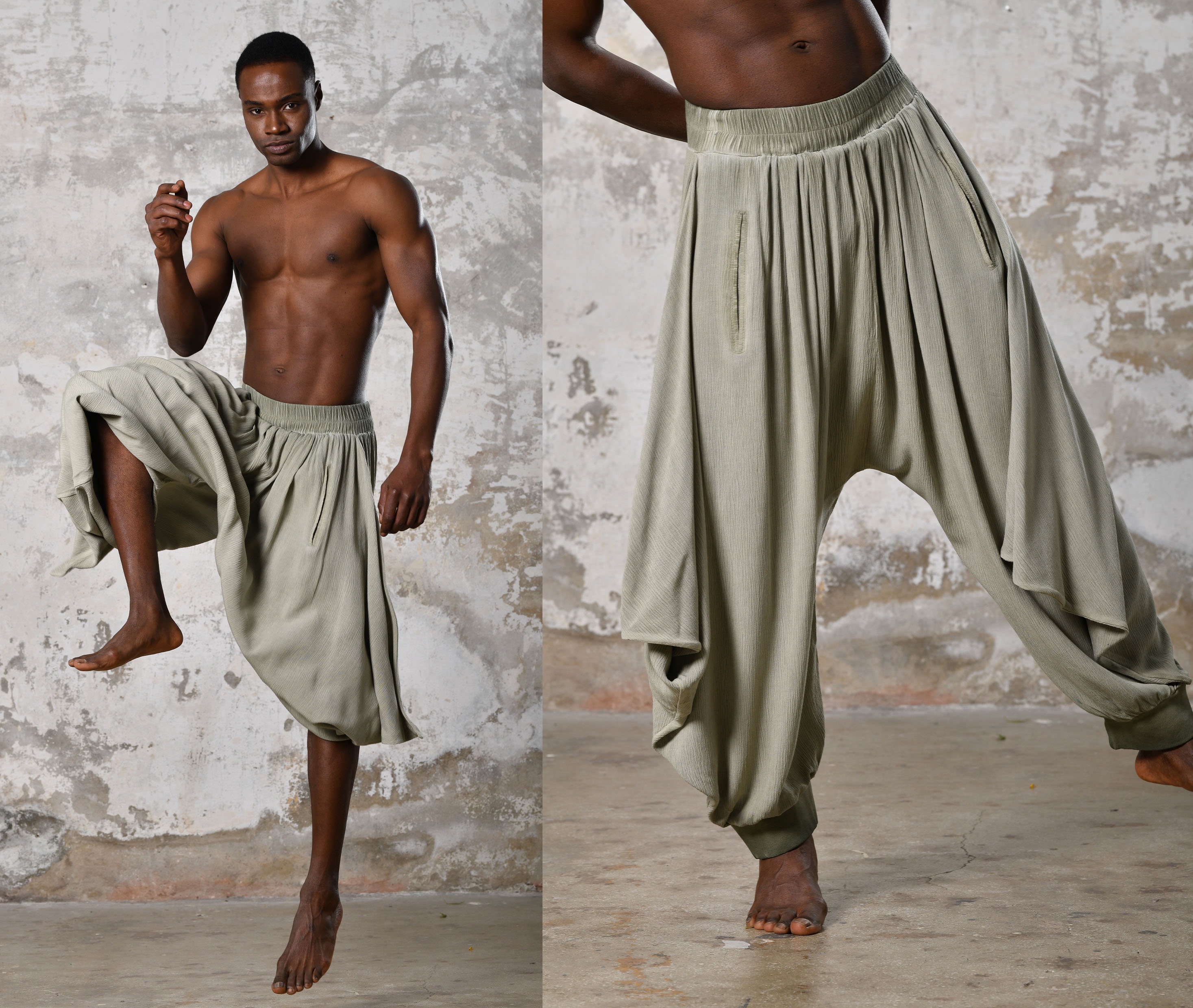 Baggy Men Harem Pants Yoga Trousers Green Boho Menswear Bohemian Men Bottom Tribal Pants for ...