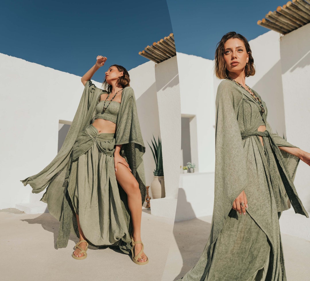 Kimono Unisex Boho Green Robe Beach Cover up Khaki Festival Kimono ...