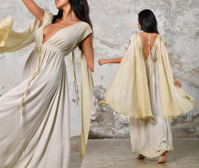 Gold Greek Goddess Gown • Wedding Guest Dress • Bohemian Open Back Maxi ...