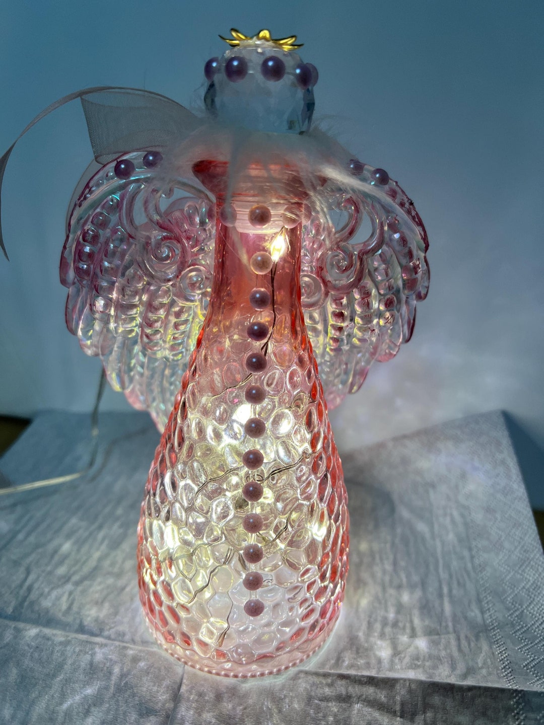 Glass Angel, Hammered Glass, Faux Crystal Top/head, Iridescent Wings, 7 ...