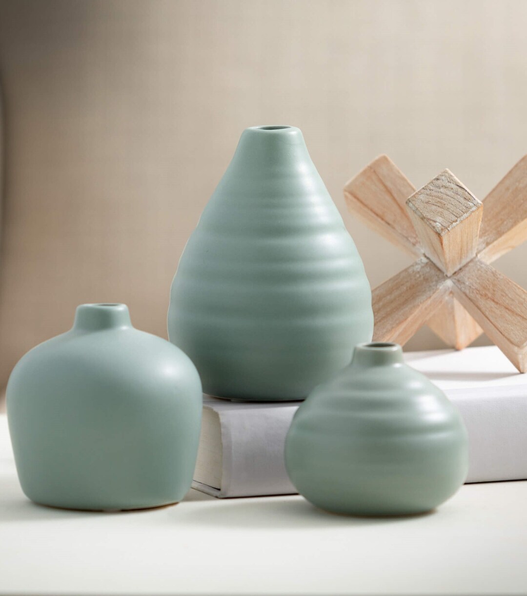 Set Sage Green Ceramic Vases Decor, Shelf Styling, Home Staging, Shelf ...