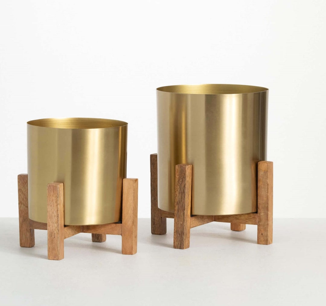 Golden Planter With Wooden Stand, Tabletop Centerpiece Planter ...