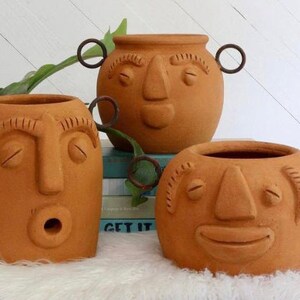 Face Planter With Handles, Clay Face Pot, Funny Happy Planter, Unique ...