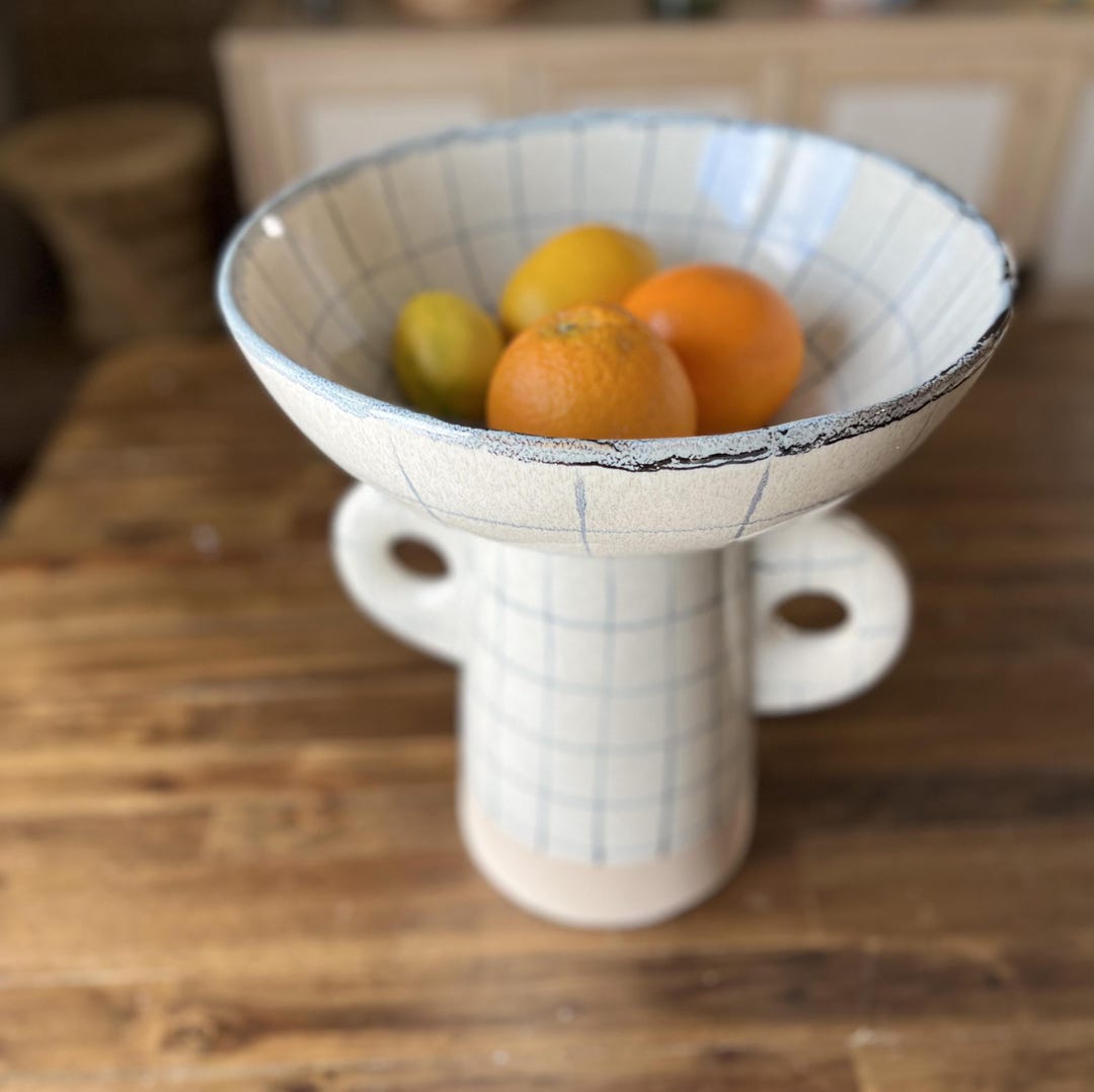Blue and White Ceramic Compote Tall, Pottery Fruit Bowl, Tabletop Decor ...
