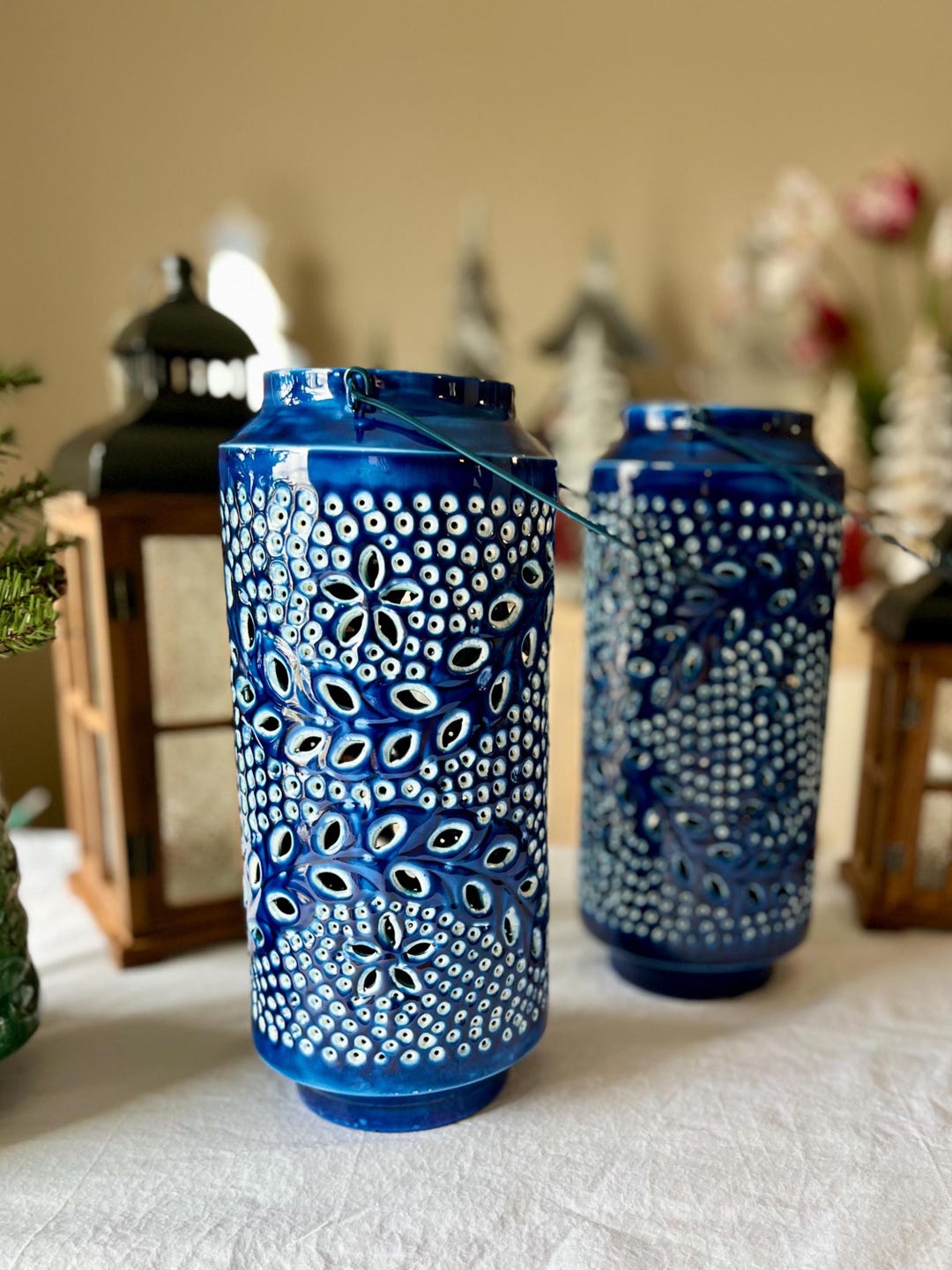 Iron and Ceramic Candle Lantern 15.75" Tall Blue Floor Standing - Etsy