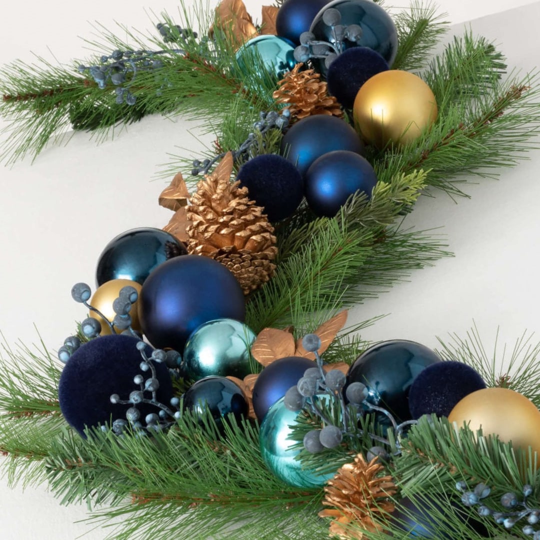 Blue Gold Holiday Garland, Holiday Home Decor Pine Berry Christmas ...