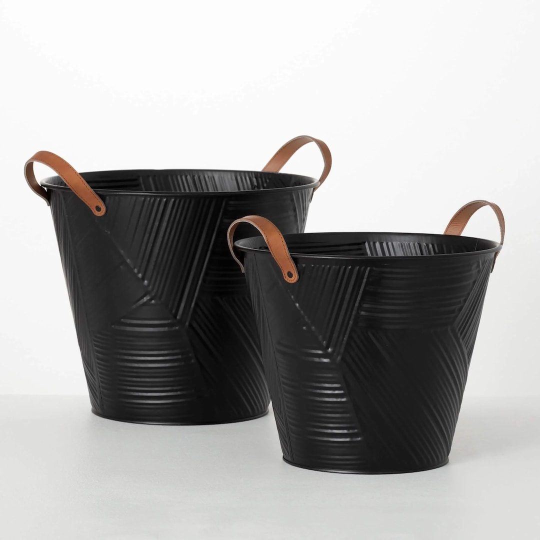 Embossed Black Iron Storage Bins With Faux Leather Handles, Set of 2 - Etsy