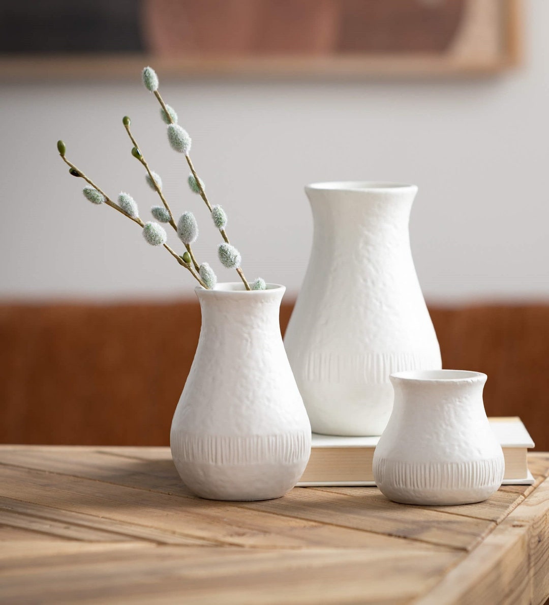 Small Etched Vases Decor Set 3 Ceramic Bud Vases for Flowers, Mantle ...