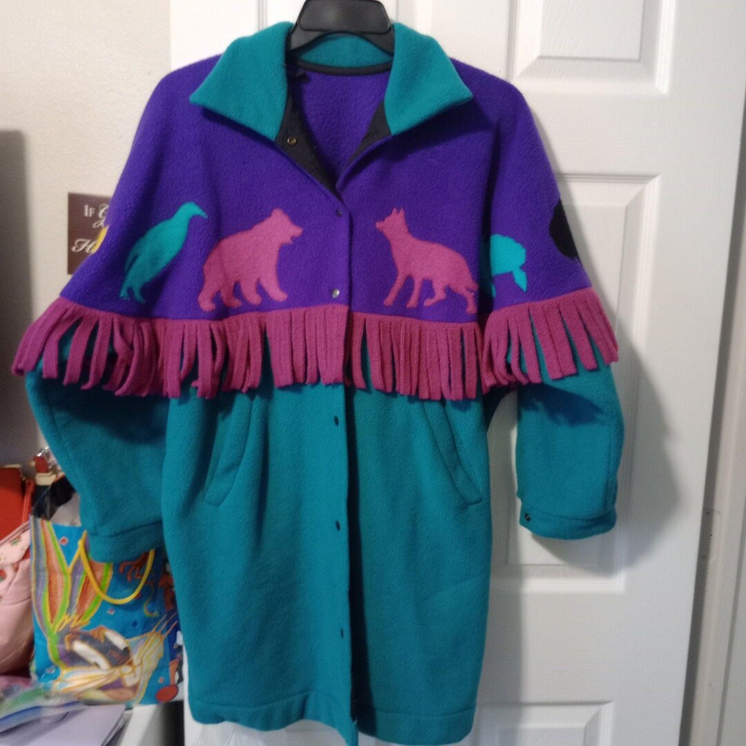 Vintage Cindy Owings Wool Art Coat Colorblock Animals Jacket 54" - Etsy