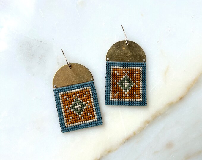 Handmade Geometric Beaded Statement Earrings With Gold Raw Brass ...