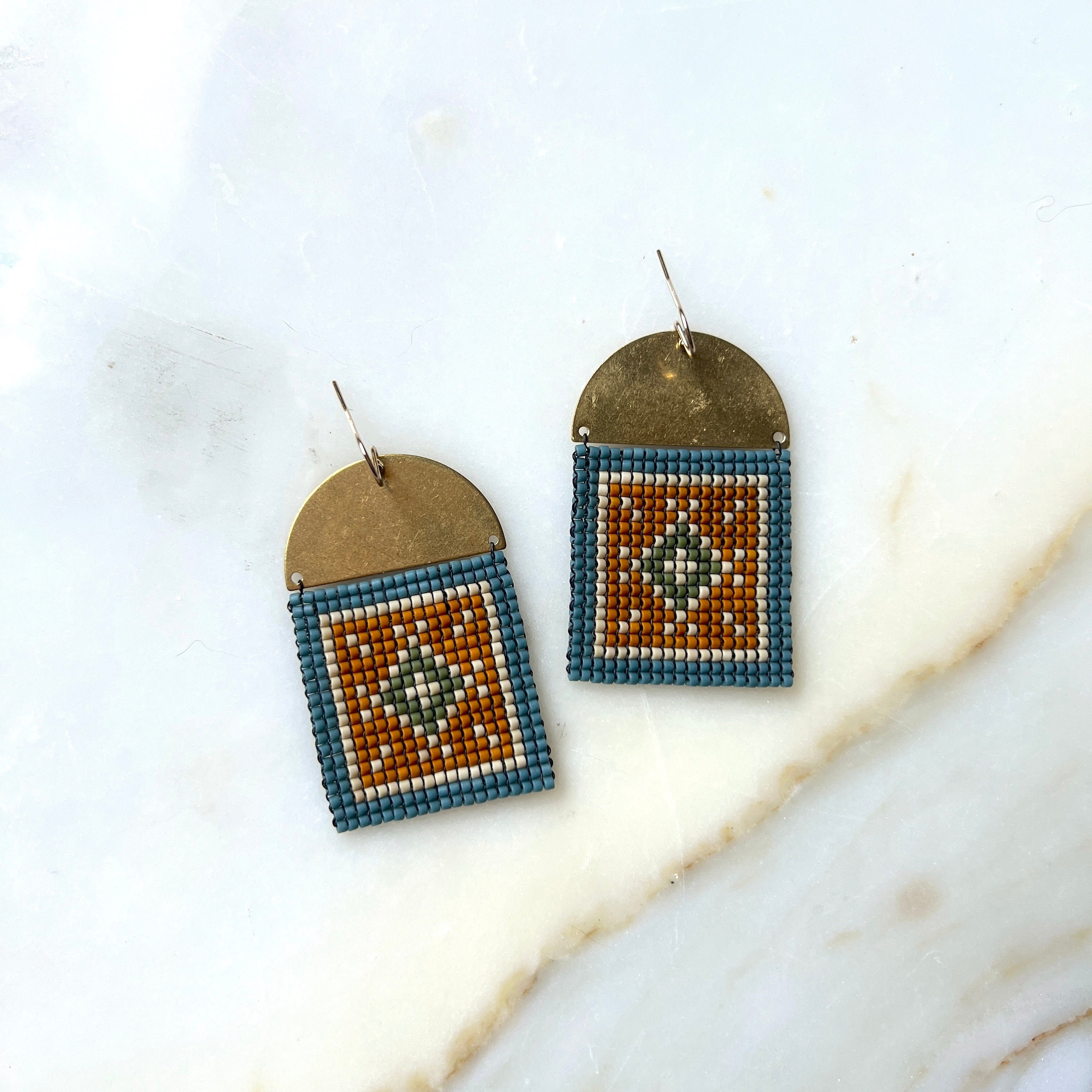 Handmade Geometric Beaded Statement Earrings With Gold Raw Brass ...