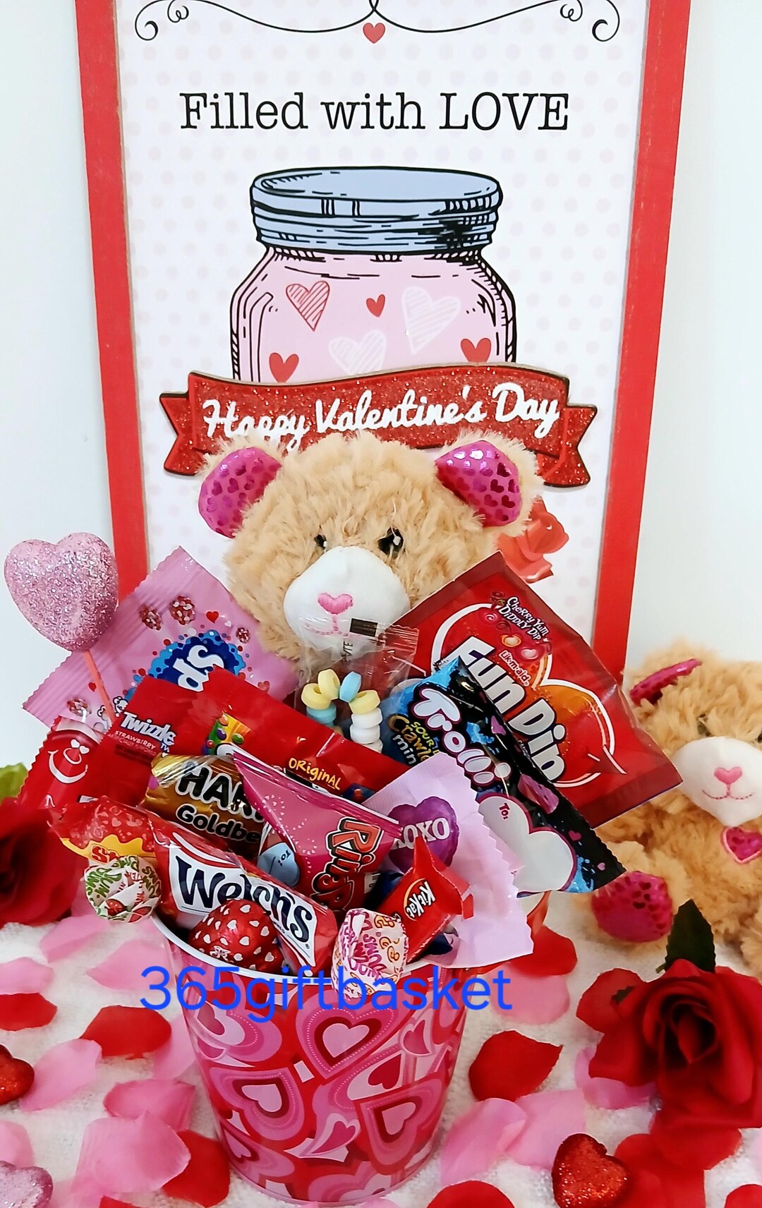 Valentine's Kids Girls Teddy Plush Gift Basket Skittles Kit Kat M&ms ...