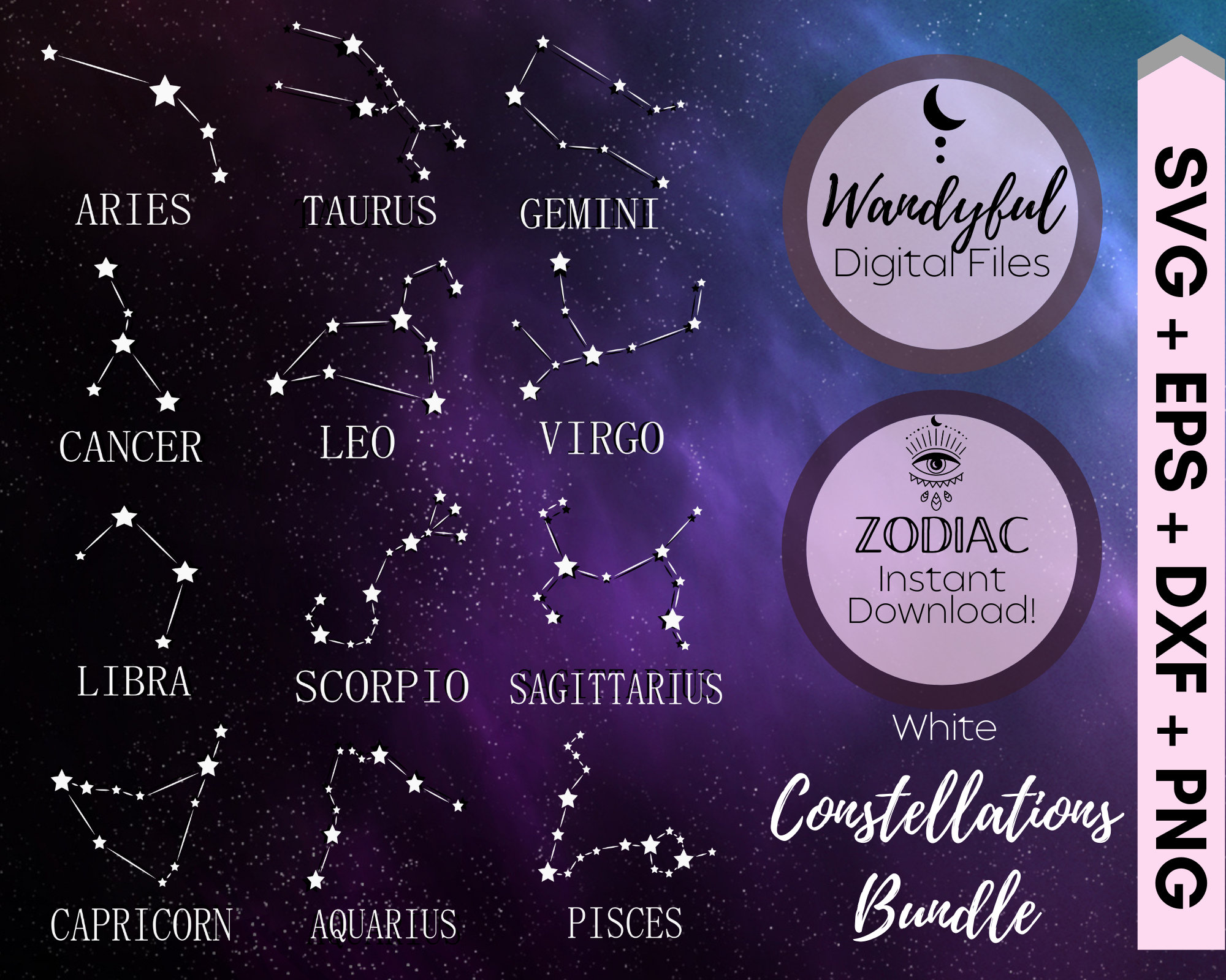 Zodiac Signs in White, SVG, EPS, PNG, Bundle, Astrology, Zodiac Sign ...
