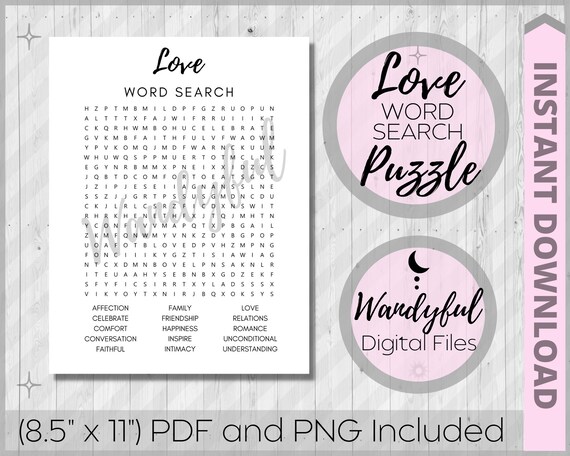LOVE Word Search Puzzle Printable Word Search Puzzle | Etsy