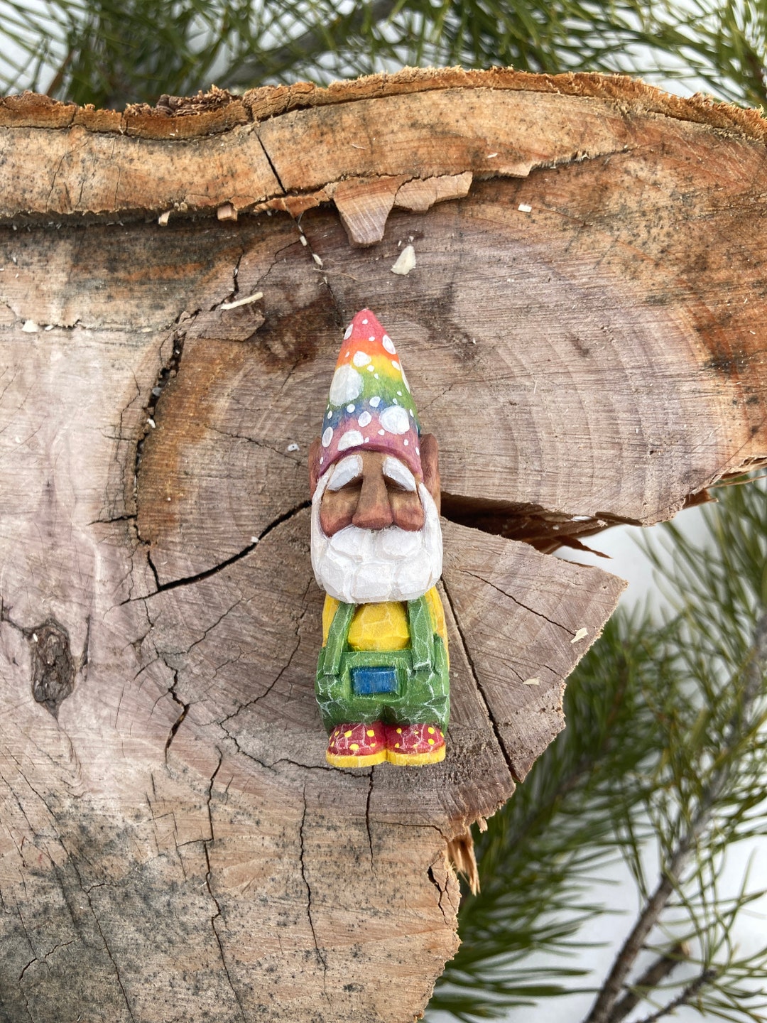 Hand Carved Wooden Rainbow Fisherman Gnome, Hand Painted, Plant Decor ...