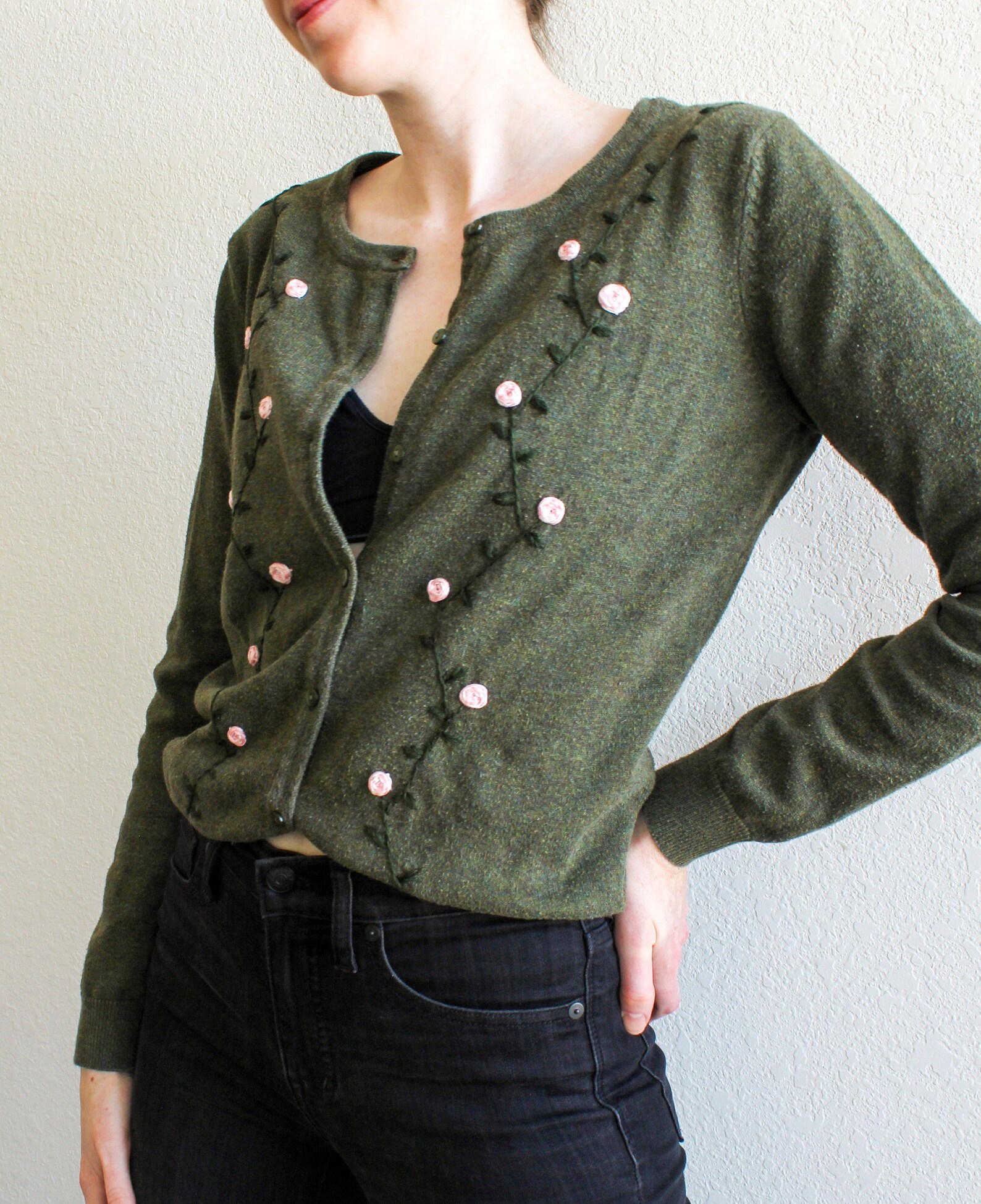 Dark Green Cardigan With Embroidered Rose Vine - Etsy