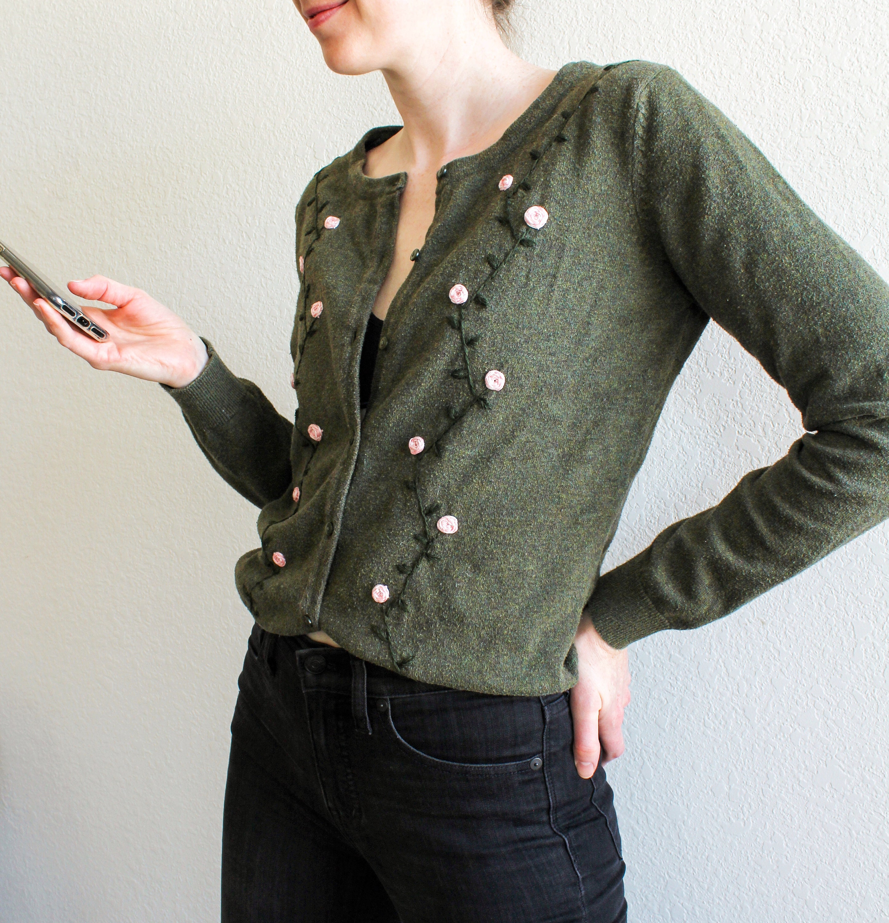 Dark Green Cardigan With Embroidered Rose Vine - Etsy